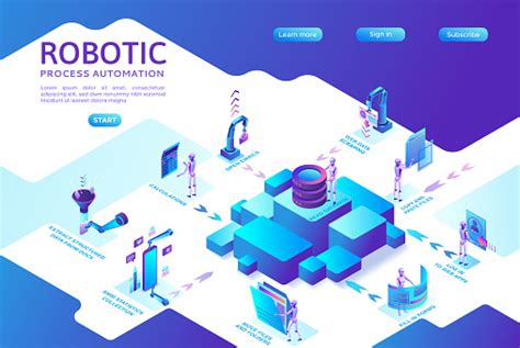 데이터로 작동하는 로봇 무기 이동 파일 웹 사이트에서 정보를 추출 디지털 기술 서비스 3d 등등 측정 벡터 일러스트와 로봇 프로세스 자동화 방문 페이지 템플릿 개념에 대한