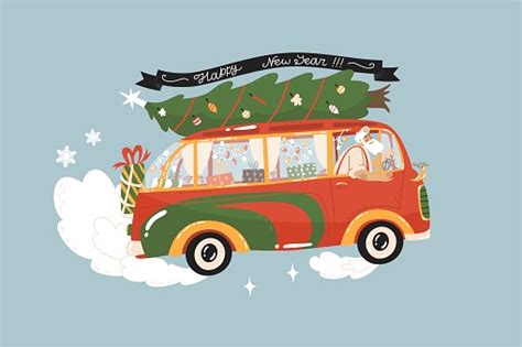 산타 클로스는 미니 버스에서 크리스마스 트리와 크리스마스와 새해 선물을 들고 있습니다 인사말 휴일 카드입니다 선물 배달 택배 벡터 그림의 플랫 스타일입니다 산타 클로스에