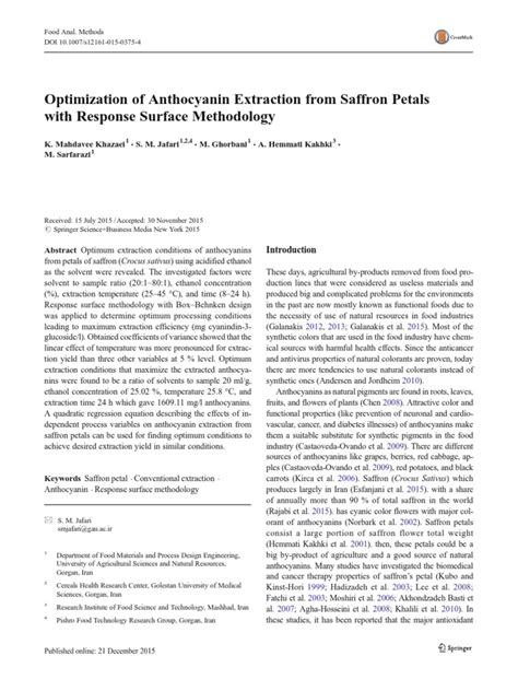 Optimization Of Anthocyanin Extraction From Saffron Petals Rsm Pdf