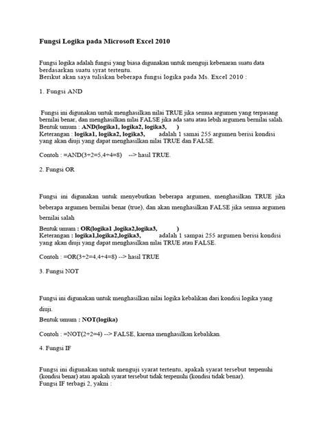 Fungsi Logika Pada Microsoft Excel 2010 Pdf