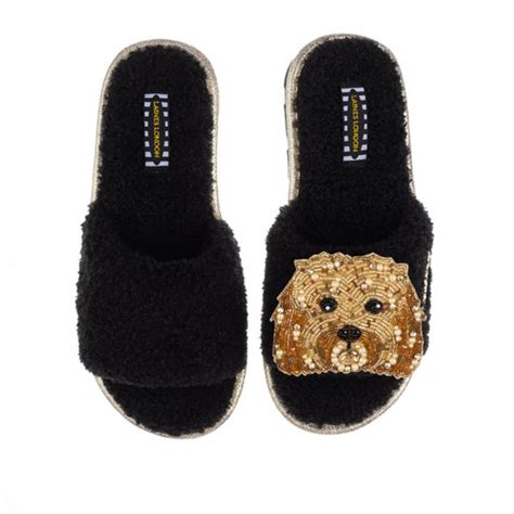 Teddy Towelling Slipper Sliders With Enki Doo The Cockapoo Brooch Laines London