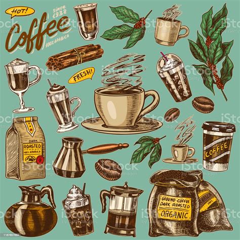 빈티지 스타일의 커피 곡물 코코아 잎 계피 스틱 컵과 주전자 커피 메이커와 우유 한 봉지 캘리그래픽 비문 레이블에 대한 손으로