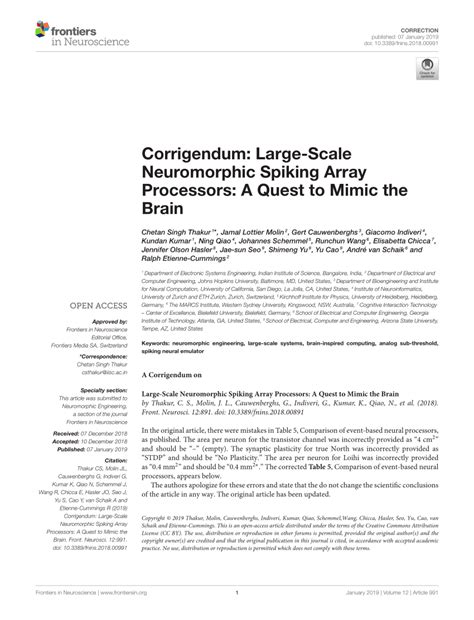 Pdf Corrigendum Large Scale Neuromorphic Spiking Array Processors A Quest To Mimic The Brain