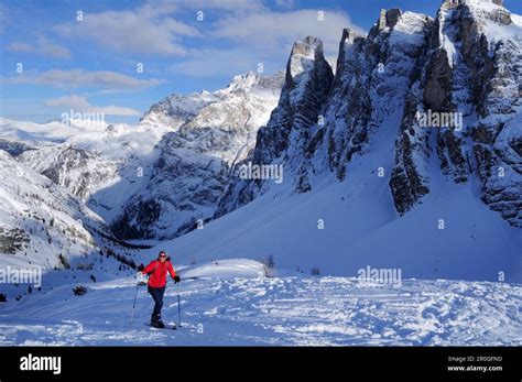 Woman Backcountry Skiing Ascending To Sextener Stein Sextener