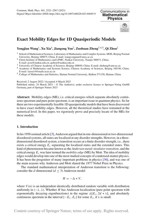 Exact Mobility Edges For 1d Quasiperiodic Models Request Pdf