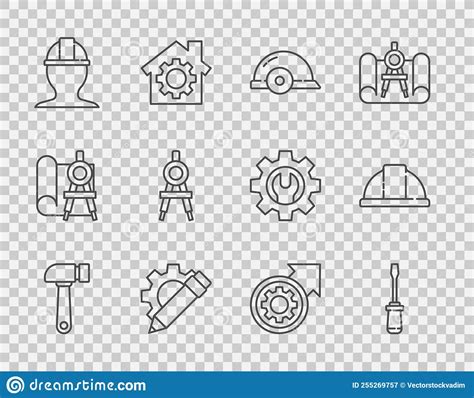 Set Line Hammer Screwdriver Worker Safety Helmet Pencil And Gear Drawing Compass Gear