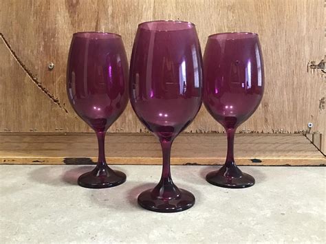 Vintage Purple Wine Glasses Retro Set Of 3 Stemmed Purple Wine