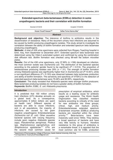 Pdf Extended Spectrum Beta Lactamases Esbls Detection In Some Uropathogenic Bacteria And