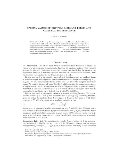 Pdf Special Values Of Drinfeld Modular Forms And Algebraic Independence