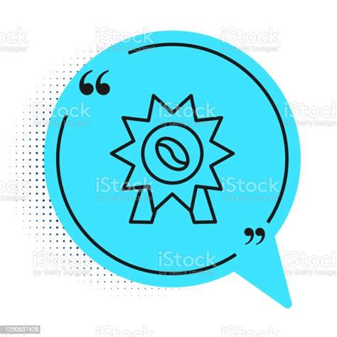 흰색 배경에 고립 된 커피 아이콘에 대한 검은 줄 메달 프리미엄 품질의 커피 배지 파란색 음성 버블 기호입니다 벡터