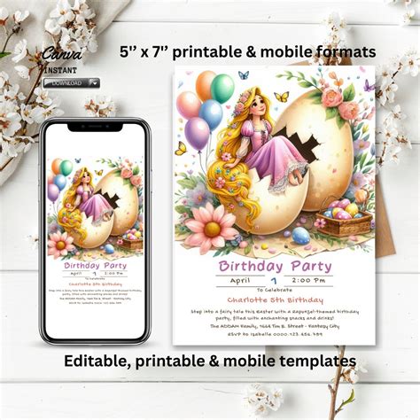 Editable Rapunzel Party Invitation Template Rapunzel Easter Birthday Party Instant Download