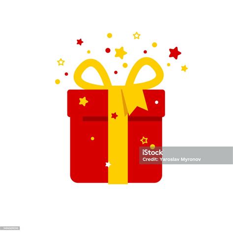 노란 리본이 달린 빨간 선물 상자 색종이 조각이 있는 축하 개념의 아이콘 흰색 배경에 벡터 미니멀리즘 그림입니다 개념에 대한 스톡 벡터 아트 및 기타 이미지 Istock