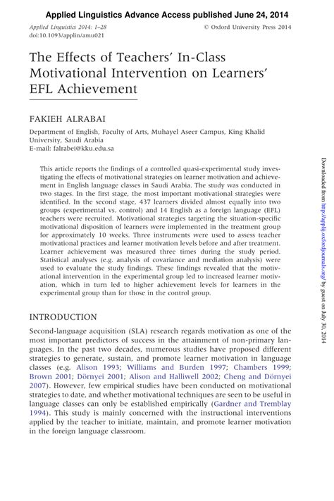 Pdf The Effects Of Teachers In Class Motivational Intervention On Learners Efl Achievement