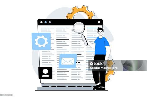 플랫 디자인에서 사람 장면이 있는 웹 개발 개념입니다 남자 검색 설정 및 레이아웃 프로그래밍 코드의 버그 수정 소셜 미디어 배너