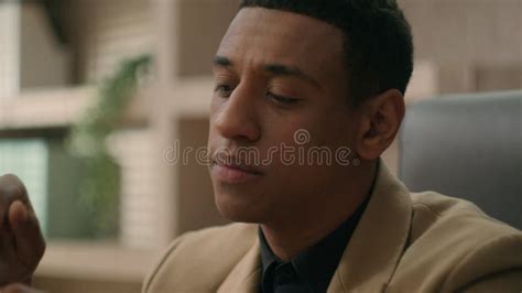 Close Up Thoughtful Male Businessman Puzzled Ethnic Man Think Difficult Question Business