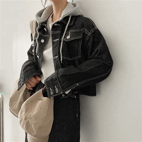 착용시물빠짐x 후드탈부착 플릿스티치생지데님크롭자켓 2color 셋업추천 하이쭈