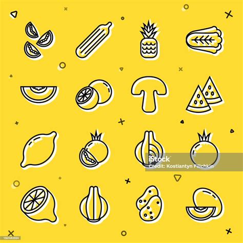 세트 라인 멜론 과일 토마토 수박 파인애플 오렌지 버섯 아이콘 벡터 감귤류 과일에 대한 스톡 벡터 아트 및 기타 이미지 감귤류 과일 검은색 과일 Istock