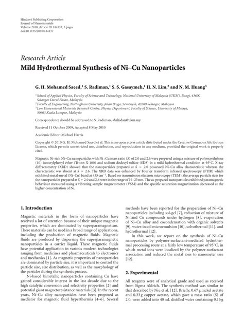 Pdf Mild Hydrothermal Synthesis Of Nicu Nanoparticles