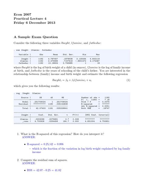Econometrics Example Questions And Solutions Pdf Coefficient Of