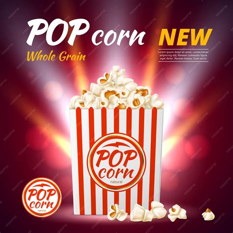 현실적인 팝콘 포스터 골판지 줄무늬 상자 스낵 조각과 빛나는 스포트라이트 배경 시네마 패스트 푸드 컨테이너 영화 전채 소금 맛 식사 3d 양동이 벡터 개념 프리미엄 벡터