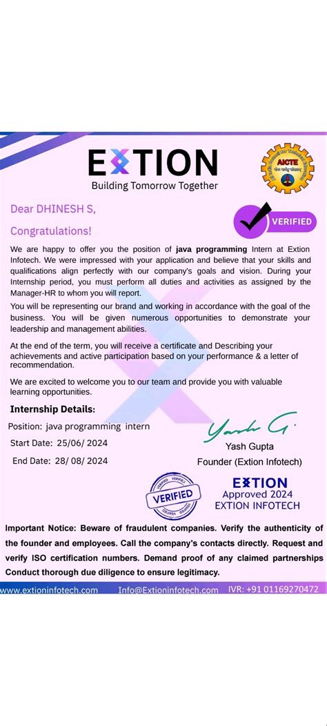 Dhinesh Senthil Kumar On Linkedin Extioninfotech Internship Excitingopportunity Java