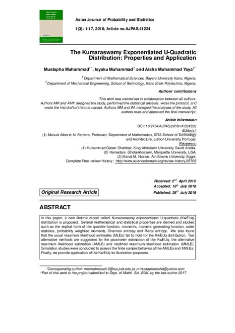 Pdf The Kumaraswamy Exponentiated U Quadratic Distribution Properties And Application