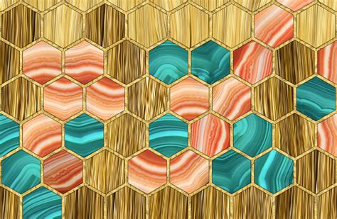 현대 모자이크 인레이 스테인드 글라스 스타일로 일러스트레이션 아르 데코 배경 기하학적 패턴 대리석 질감과 황금 인공 석조 구조 추상 인쇄 크리에이티브 타일 표면 육각형에