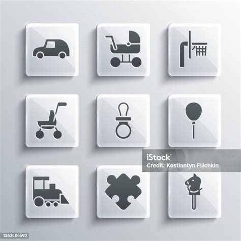 세트 퍼즐 조각 장난감 장난감 말 리본 풍선 아기 더미 젖꼭지 기차 유모차 자동차와 농구 백보드 아이콘 벡터 0명에 대한 스톡 벡터 아트 및 기타 이미지 Istock