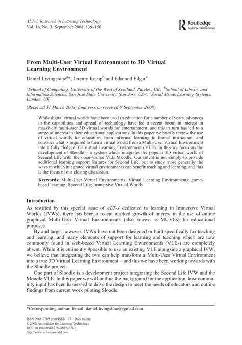 Pdf From Multi User Virtual Environment To 3d Virtual Learning Environment