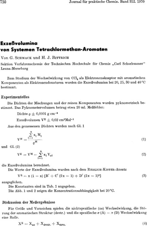 Exzeßvolumina Von Systemen Tetrachlormethan‐aromaten Schmack 1970 Journal Für Praktische