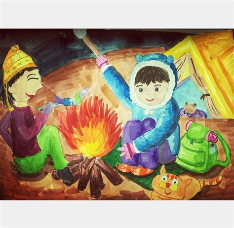 캠핑 캠핑그림아동미술마시멜로구이모닥불경험화아동화초등미술어린이미술캠프파이어수원수채화수업어린이미술한국아동