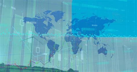 animation of financial data processing and world map over wind turbine