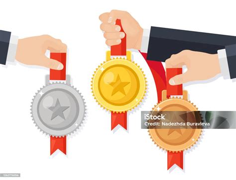 금메달 은메달 동메달 1위 트로피 배경에 고립 된 우승자에 대한 상 리본이 있는 황금 배지 세트 성취 승리 벡터 만화 일러스트