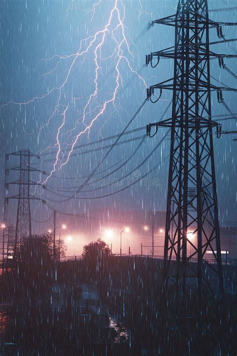 Rendering Of A High Voltage Power Pole Network During Heavy Rain With