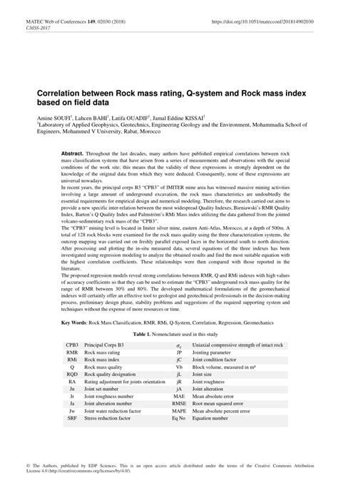 Pdf Correlation Between Rock Mass Rating Q System And Rock Mass
