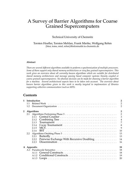 Pdf A Survey Of Barrier Algorithms For Coarse Grained Supercomputers Chemnitzer Informatik
