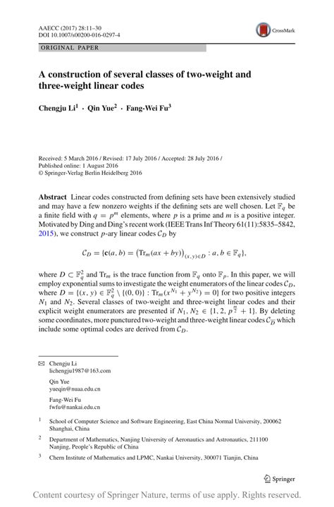 A Construction Of Several Classes Of Two Weight And Three Weight Linear Codes Request Pdf