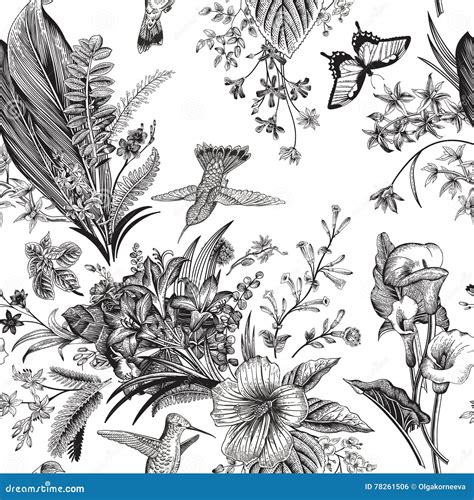 Vector Seamless Vintage Floral Pattern Exotic Flowers And Birds Stock Vector Illustration Of