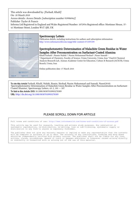 Pdf Spectrophotometric Determination Of Malachite Green Residue In Water Samples After