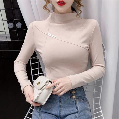 하이넥 반목 단추 슬림핏 골지 쫄티 타이트 쫀쫀 스판 이너 기모 겨울 티셔츠 연핑크 노랑 최저가마켓