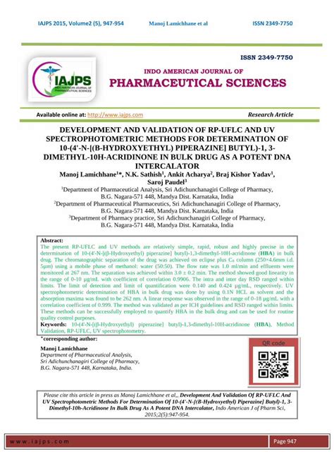 Pdf Development And Validation Of Rp Uflc And Uv Spectrophotometric Methods For Determination