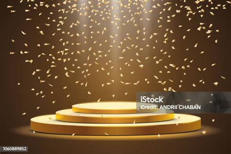 안개와 색종이 첫번째 장소 명예와 인기와 어두운 배경에 스포트 라이트와 함께 골든 연단 벡터 일러스트 레이 션 1에 대한 스톡 벡터 아트 및 기타 이미지 Istock