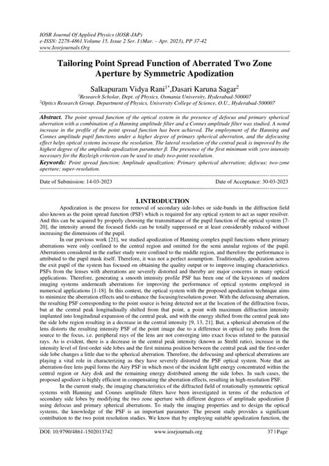 Pdf Tailoring Point Spread Function Of Aberrated Two Zone Aperture By Symmetric Apodization