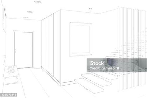 계단 위에 수직 포스터가 있는 다락방에 있는 미니멀한 현관 홀의 스케치 현관 근처의 캐비닛 창문 아래 벤치 타일 바닥 내장 조명 3차원 형태에 대한 스톡 사진 및 기타