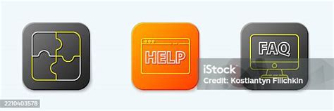 라인 퍼즐 조각 브라우저 도움말 및 컴퓨터 모니터 및 Faq 아이콘을 설정합니다 벡터 에 대한 스톡 벡터 아트 및 기타