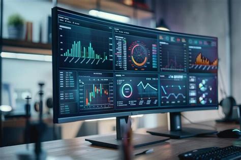 Curved Monitor Displaying Data Analysis Graphs Premium Ai Generated Image