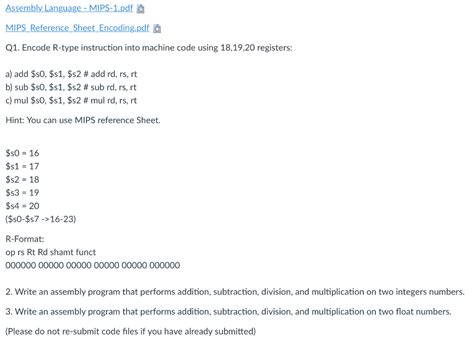 Solved Assembly Language Mips 1pdf Mips Reference Sheet
