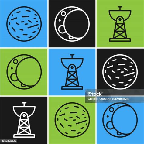 세트 라인 행성 화성 위성 접시와 달 아이콘 벡터 0명에 대한 스톡 벡터 아트 및 기타 이미지 0명 과학 그릇 Istock