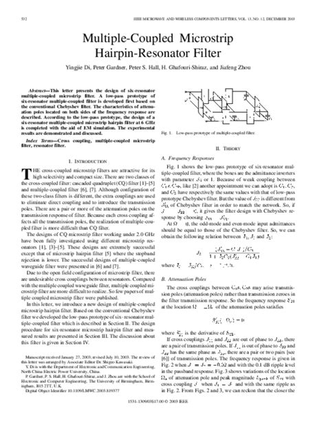 Pdf Multiple Coupled Microstrip Hairpin Resonator Filter