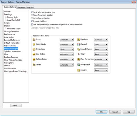 2012 SOLIDWORKS API Help System Options FeatureManager